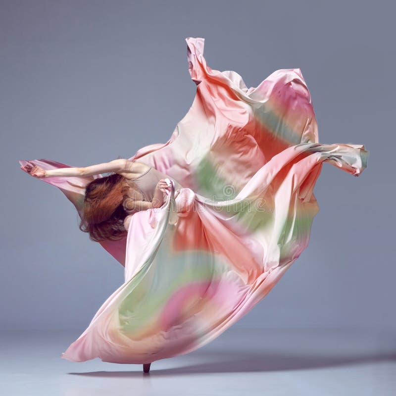 Charming Ballerina Dancing Elegant, Grace Movement with Flying Fabric ...