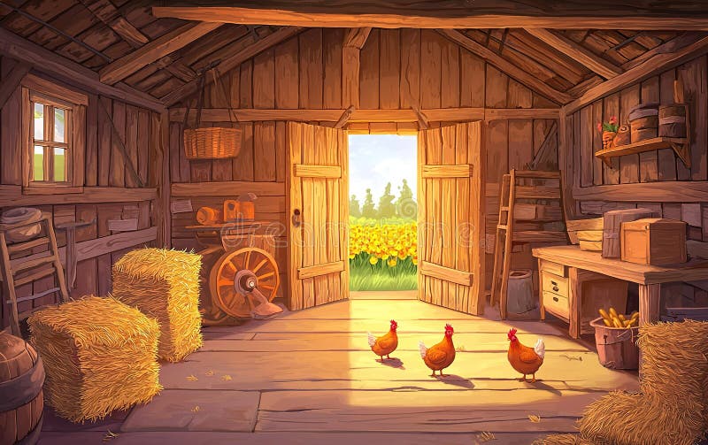 A Charming Barn Interior with Chickens Exploring the Sunny Doorway and ...