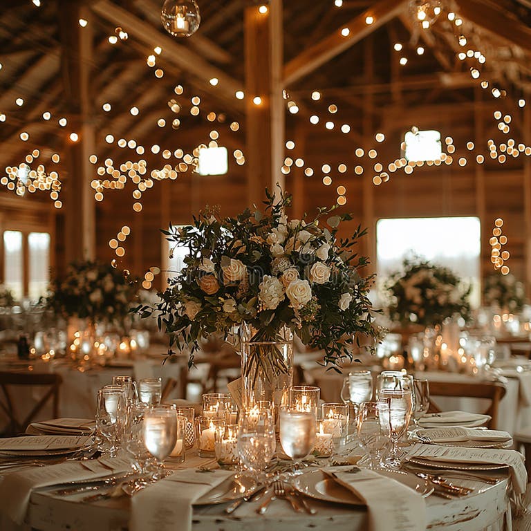 Rustic Barn Wedding Decorated with String Lights and Elegant Floral ...