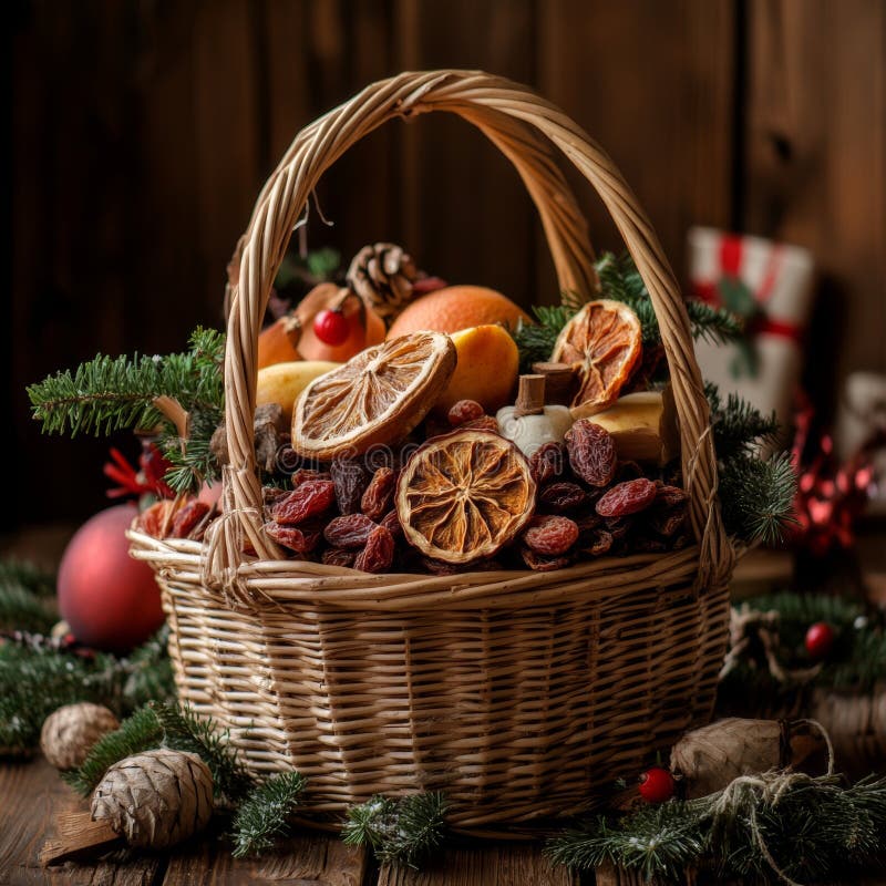 A Charming Basket Filled with Dried Fruit and Festive Decorations for a ...