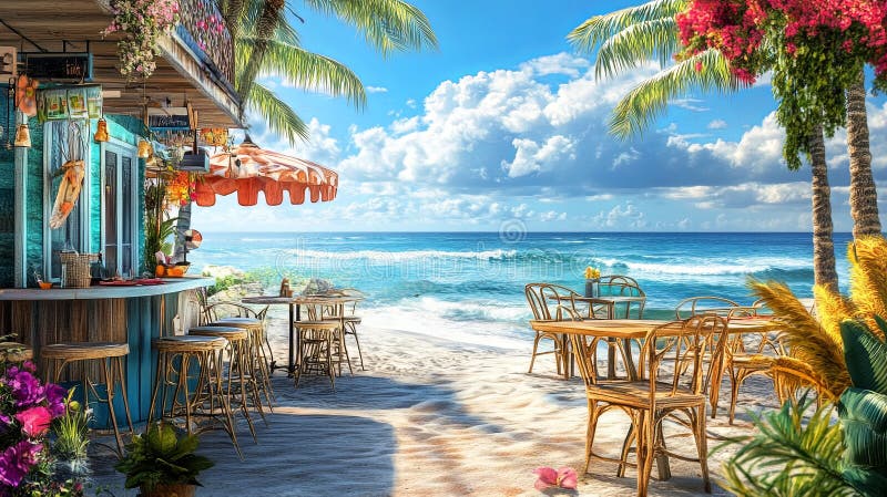 Charming Beach Cafe with Ocean Waves in the Background and Tropical ...