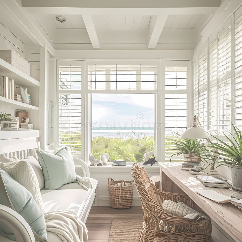 Charming Beachfront Home Office with Ocean View Stock Illustration ...
