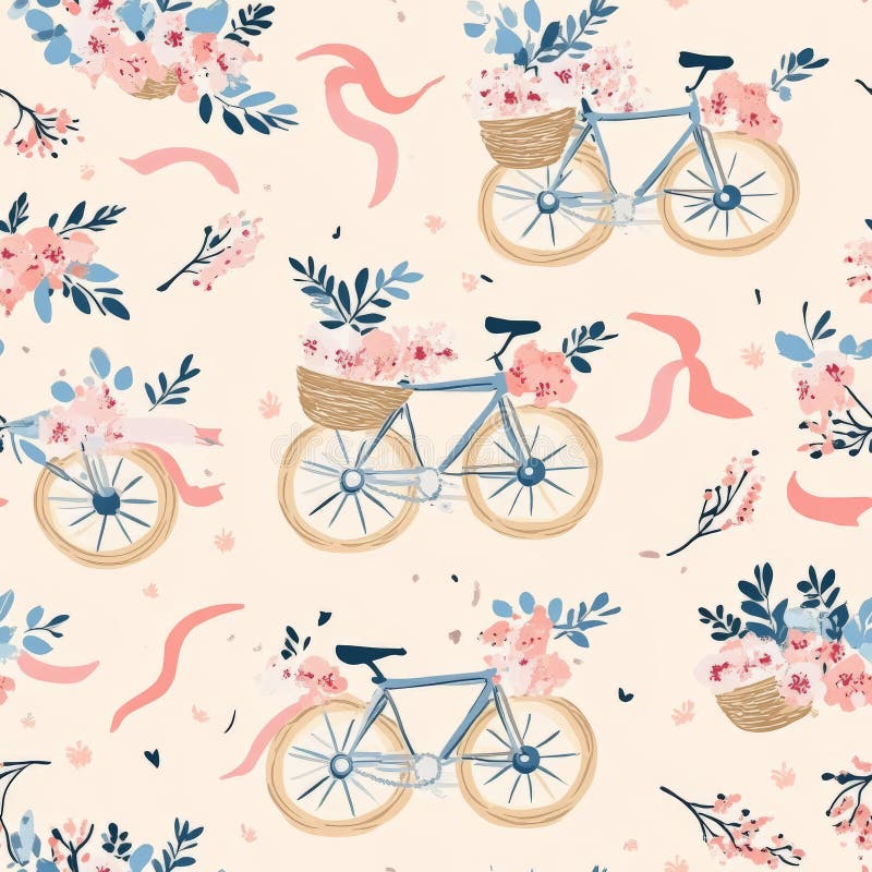 A Charming Bicycle Ride Pattern with Flower Baskets, Fluttering Ribbons ...