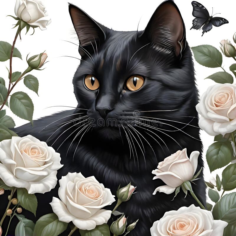 Charming Black Cat with Flowers and White Roses Botanical Art Stock ...