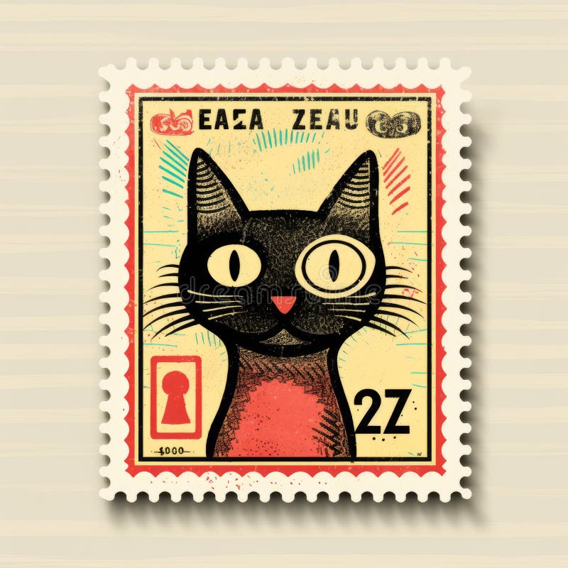 Charming Black Cat Postage Stamp with Zany Edo Art and Memphis Design Stock Illustration ...