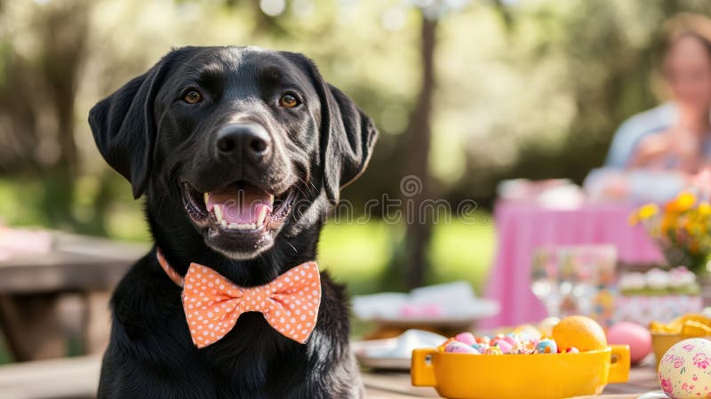 Charming Black Labrador in Easter Bowtie Celebrating Outdoors Stock ...