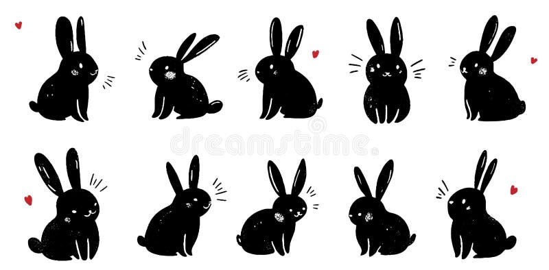 Charming Black Rabbits Playfully Illustrated with Hearts and Expressive ...