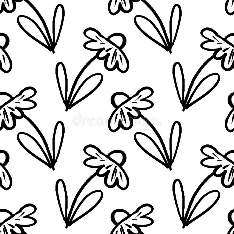 Charming Black and White Vector Floral Pattern with Simple Daisies and ...