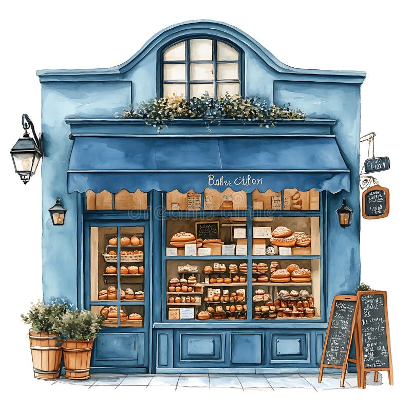 Charming Blue Bakery Shop Watercolor Illustration Stock Illustration ...