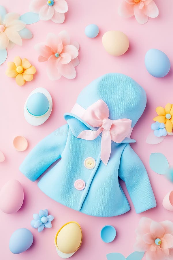 A Charming Blue Coat with a Pink Bow Rests among Vibrant Spring Flowers ...