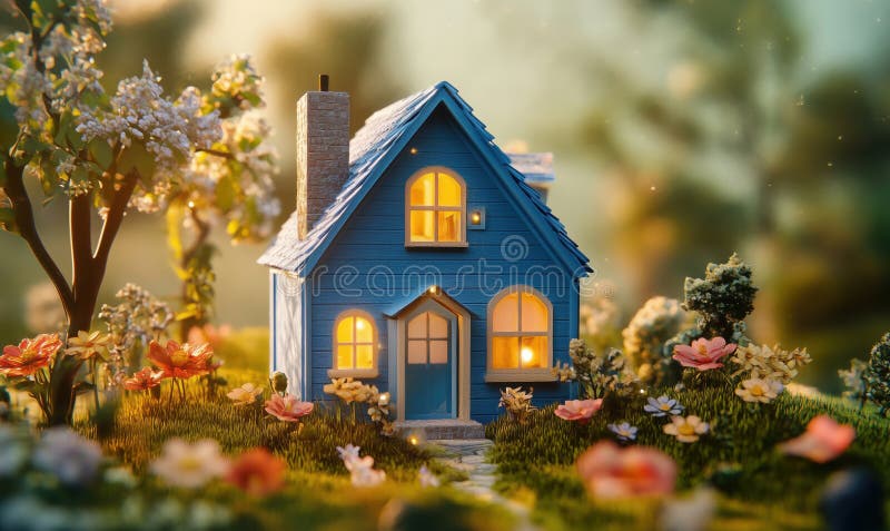 Charming Blue Cottage Surrounded by Blooming Flowers and Soft Glowing ...