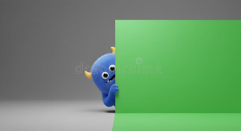 Charming Blue Fluffy Monster Peeking Behind Vibrant Green Screen ...