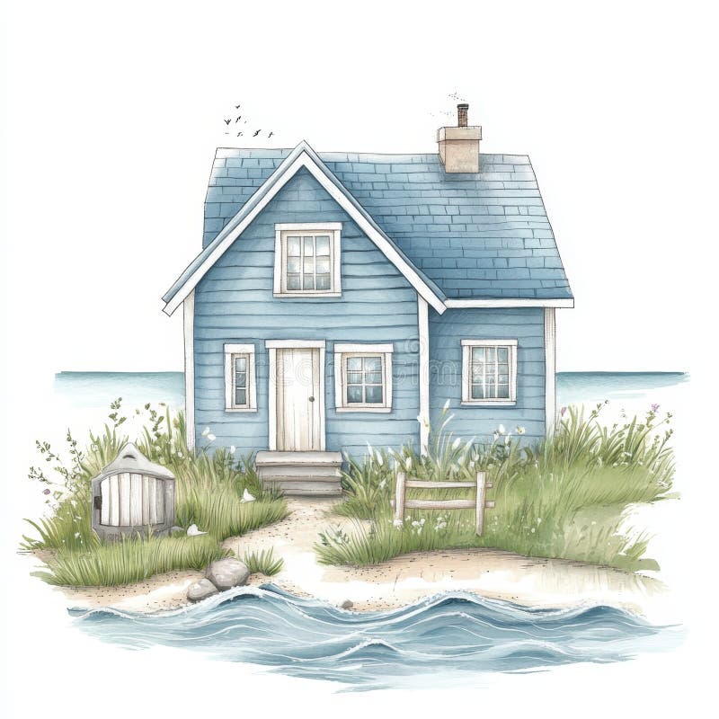 A Charming Blue House by the Shore, Surrounded by Grass and Water Stock ...