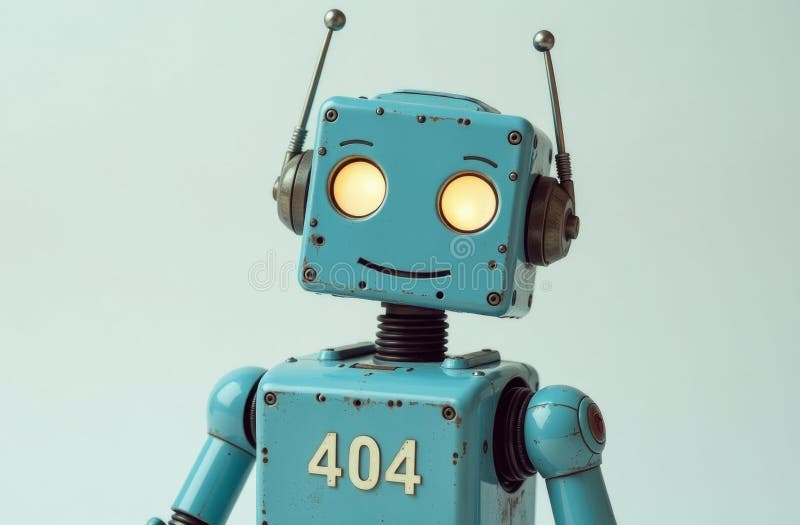 Vintage Blue Robot with a Friendly Smile and Glowing Eyes Stands ...