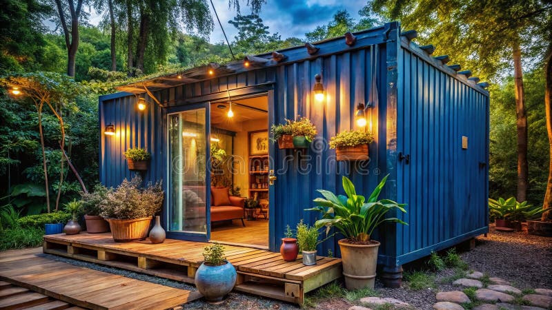 Charming Blue Shipping Container Home Nestled in Lush Greenery a Rustic ...