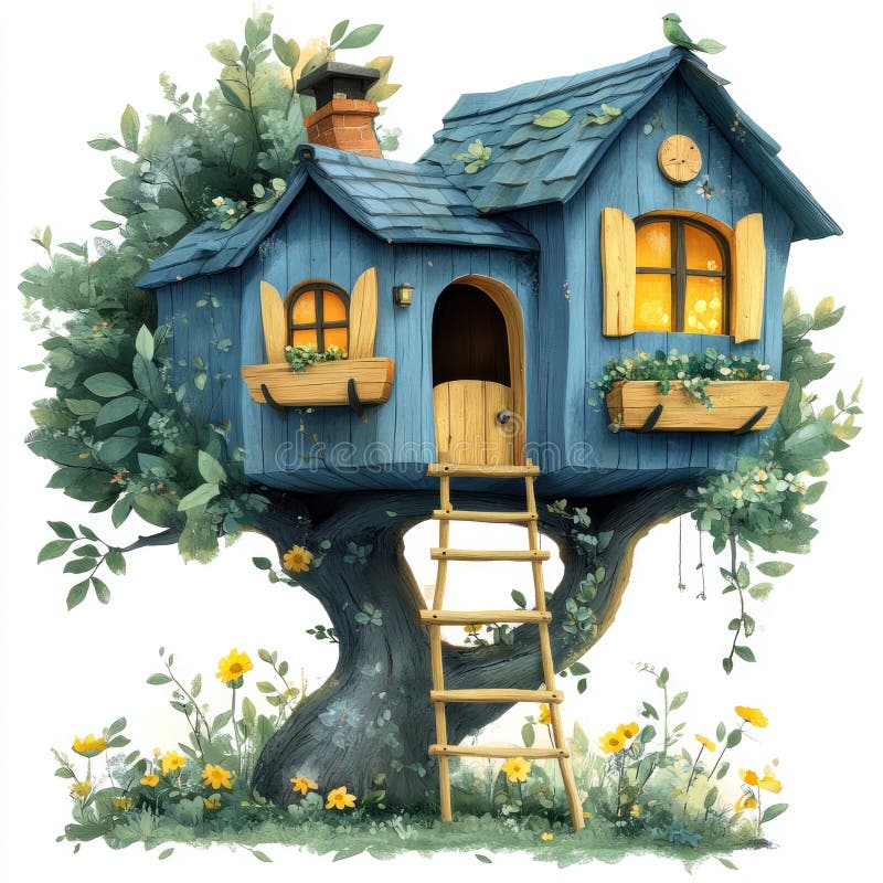 Charming Blue Treehouse with Yellow Flowers Illustration Stock Photo ...