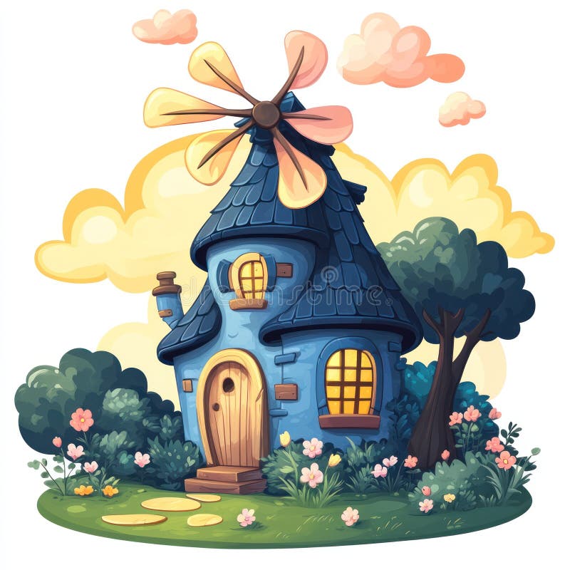 Charming Blue Windmill House Illustration Stock Illustration ...