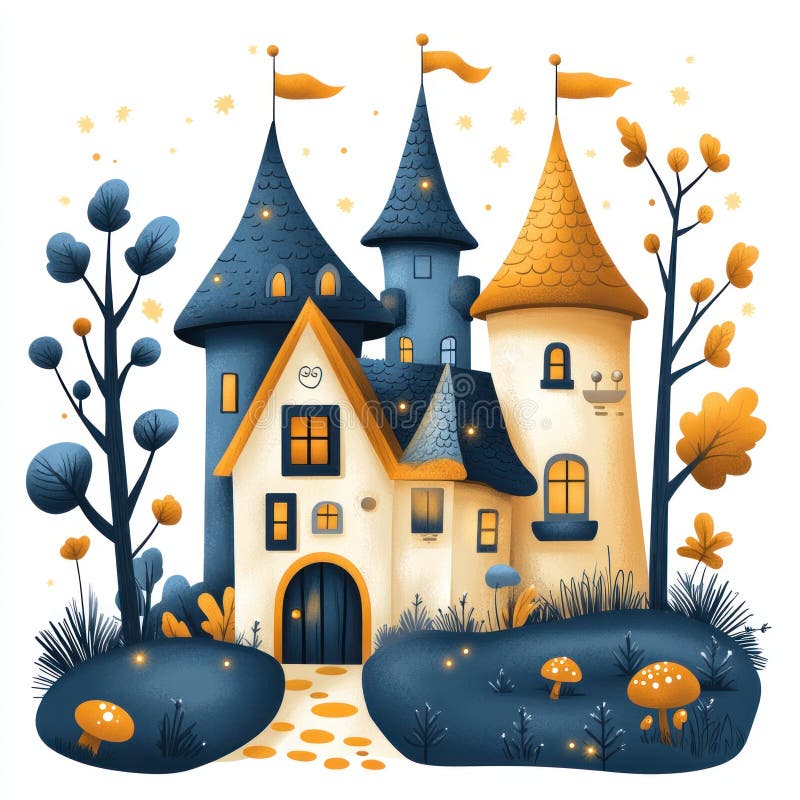 Charming Blue and Yellow Cartoon Castle Illustration Stock Illustration ...