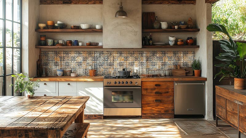 Rustic Bohemian Kitchen with Open Wooden Shelves and Natural Light ...