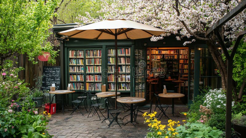 A Charming Book Caf with Outdoor Seating Under a Canopy of Blooming ...