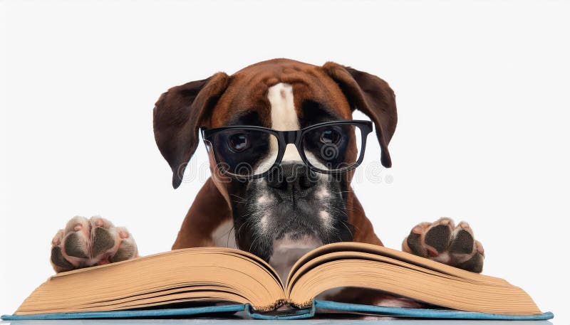 Charming Boxer in Spectacles Engrossed in a Book, Expressive Eyes ...