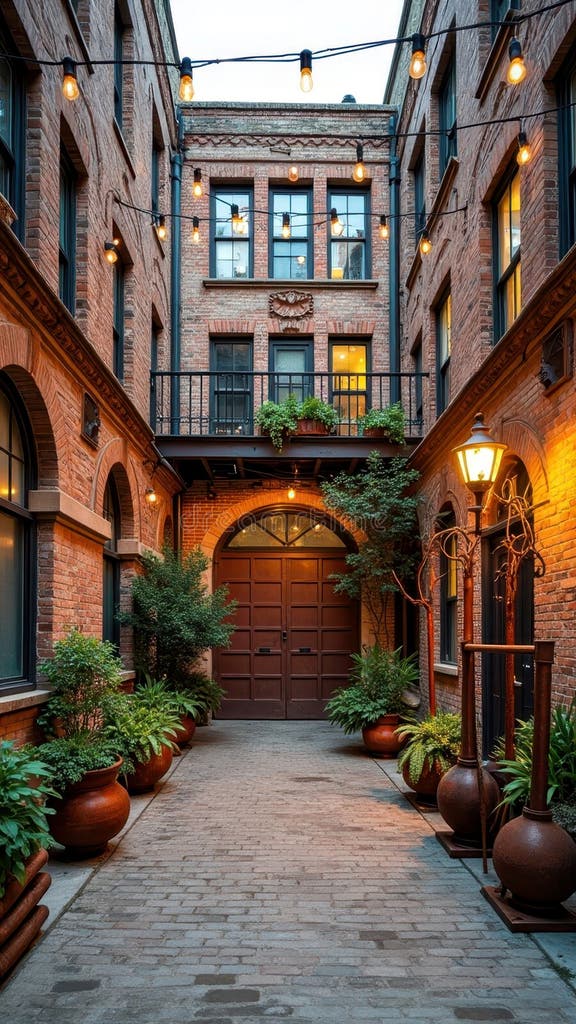 Charming Brick Courtyard with Rustic Lighting and Lush Greenery at Dusk ...