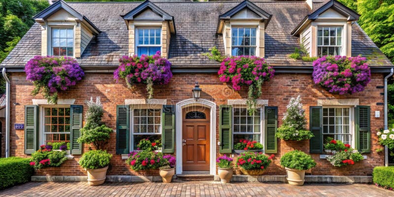 Charming Brick Home with Abundant Window Boxes and Lush Landscaping ...