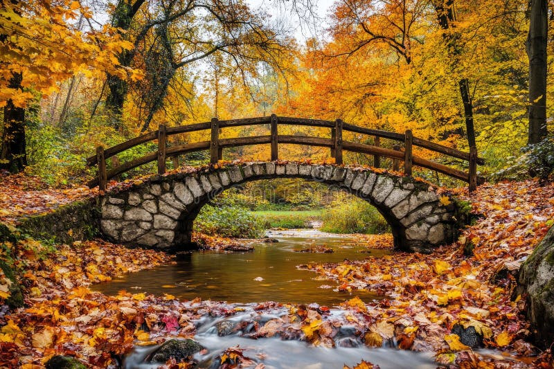 A Charming Bridge Covered in Autumn Leaves Stock Illustration ...