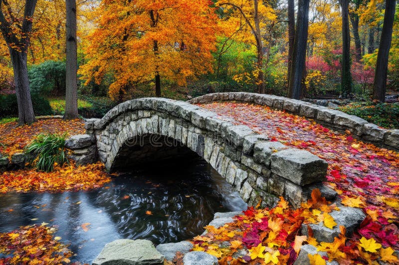 A Charming Bridge Covered in Autumn Leaves Stock Illustration ...