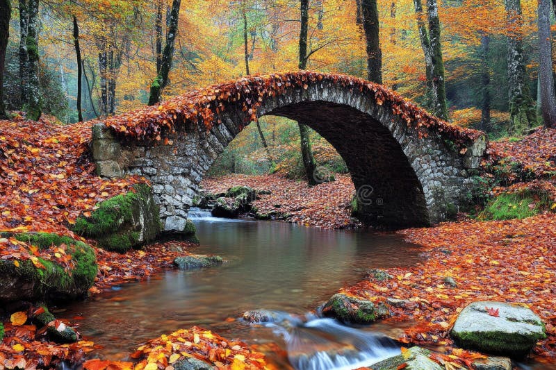 A Charming Bridge Covered in Autumn Leaves Stock Illustration ...