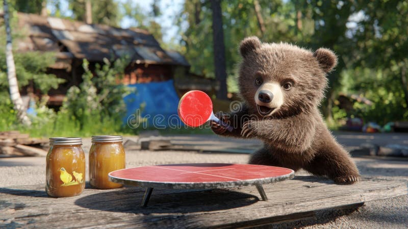 Adorable Bear Cub Playing Ping Pong Outdoors Rustic Setting Summer Fun ...