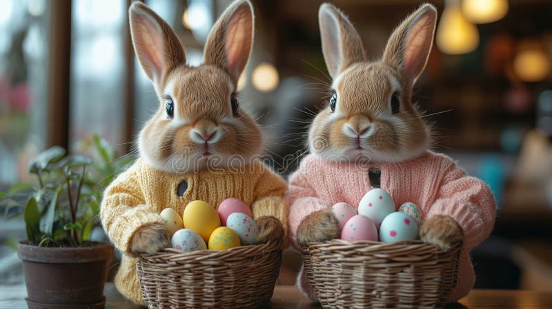 Charming Bunnies Celebrate Easter Colorful Egg Baskets Stock Photos ...