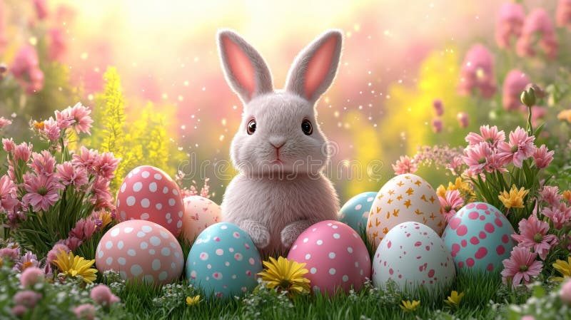 Charming Bunny in a Colorful Easter Egg Garden Scene Stock Image ...
