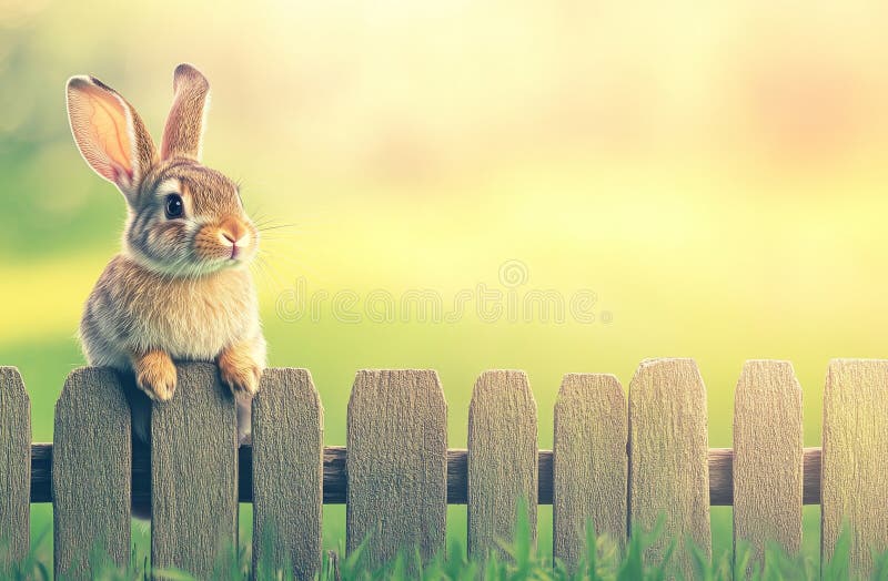 Charming Bunny Sitting on a Brick Wall, Surrounded by a Vibrant Green ...