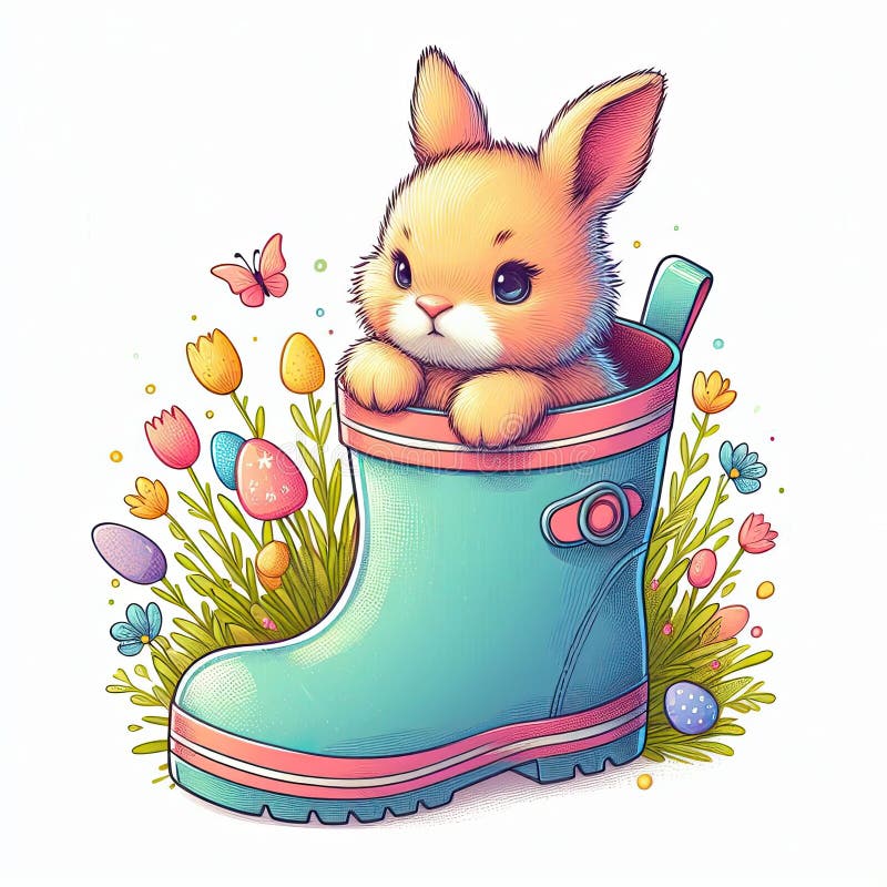 Adorable Rabbit in a Floral Garden Boot Stock Illustration ...