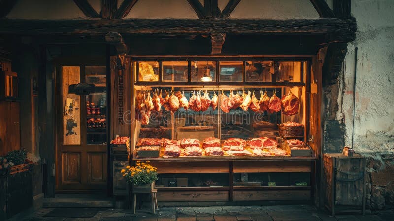 Charming Butcher Shop Front with Fresh Meats Displayed at Night Stock ...