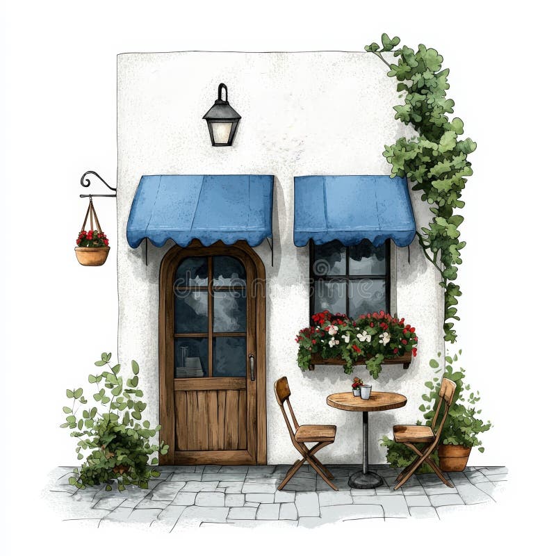 Charming Cafe with Blue Awning White Wall Stock Illustration ...