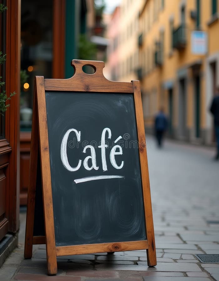 Charming Cafe Chalkboard Sign with Cozy Street Corner Backdrop Stock ...