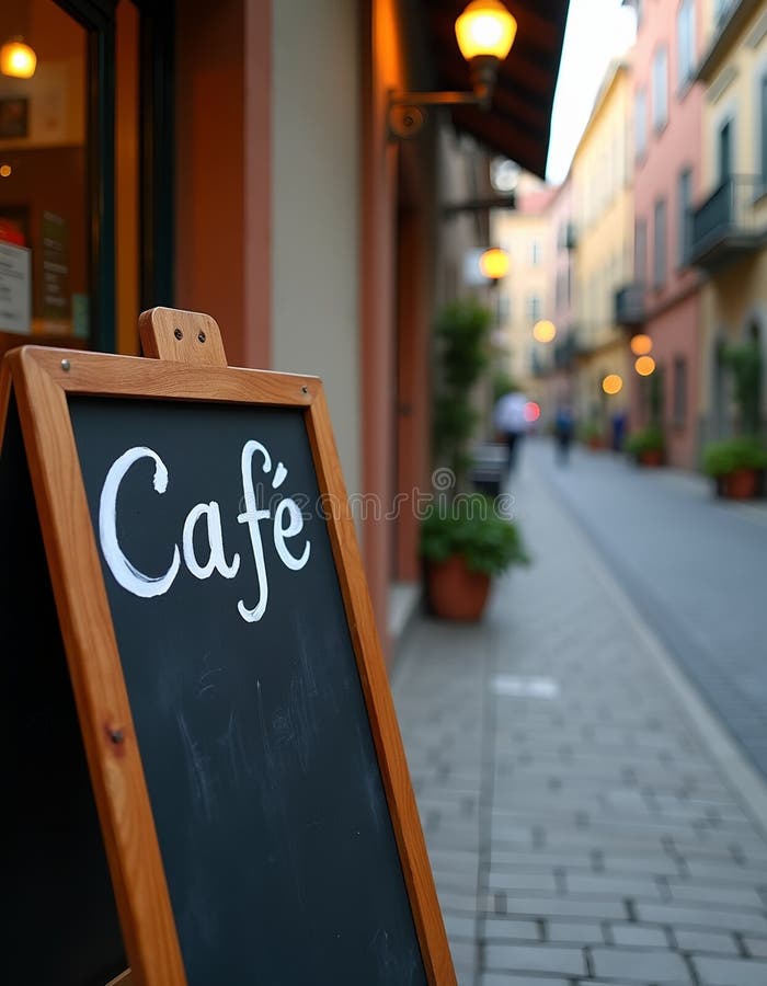 Charming Cafe Chalkboard Sign with Cozy Street Corner Backdrop Stock ...