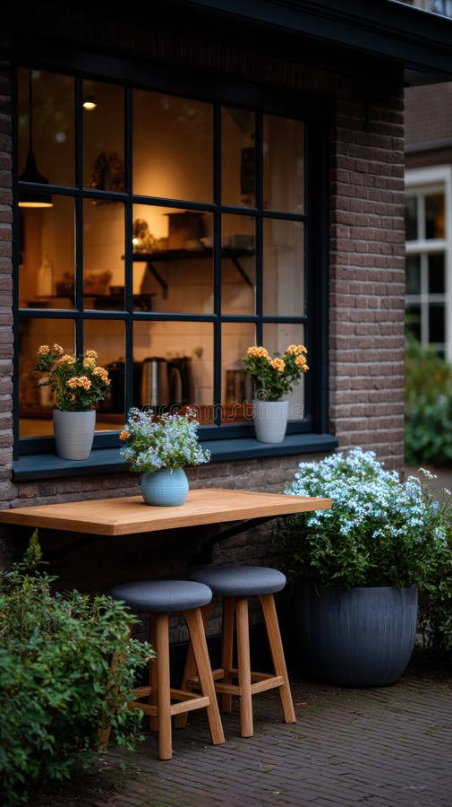 Charming Cafe Exterior with Brick Facade, Wooden Table and Flowers ...