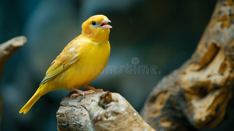 A Charming Canary with Yellow Feathers Singing on a Wooden Perch Stock ...