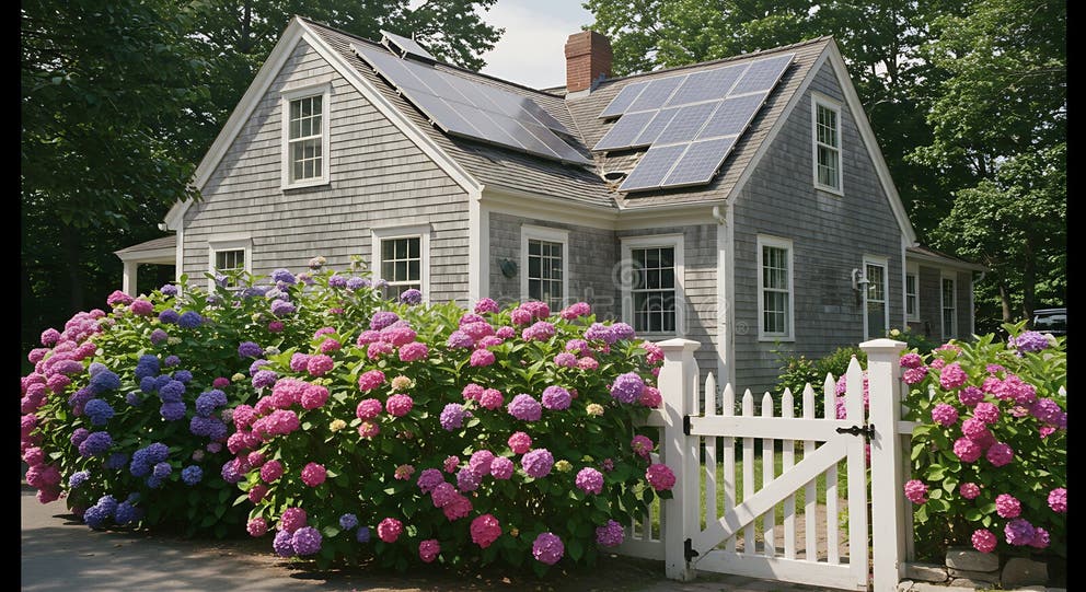 Charming Cape Cod Home with Hydrangeas and Solar Panels Stock ...