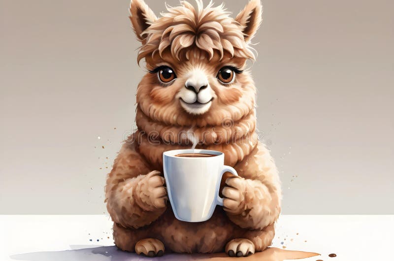 Charming Cartoon Alpaca with Coffee Cup Stock Illustration ...