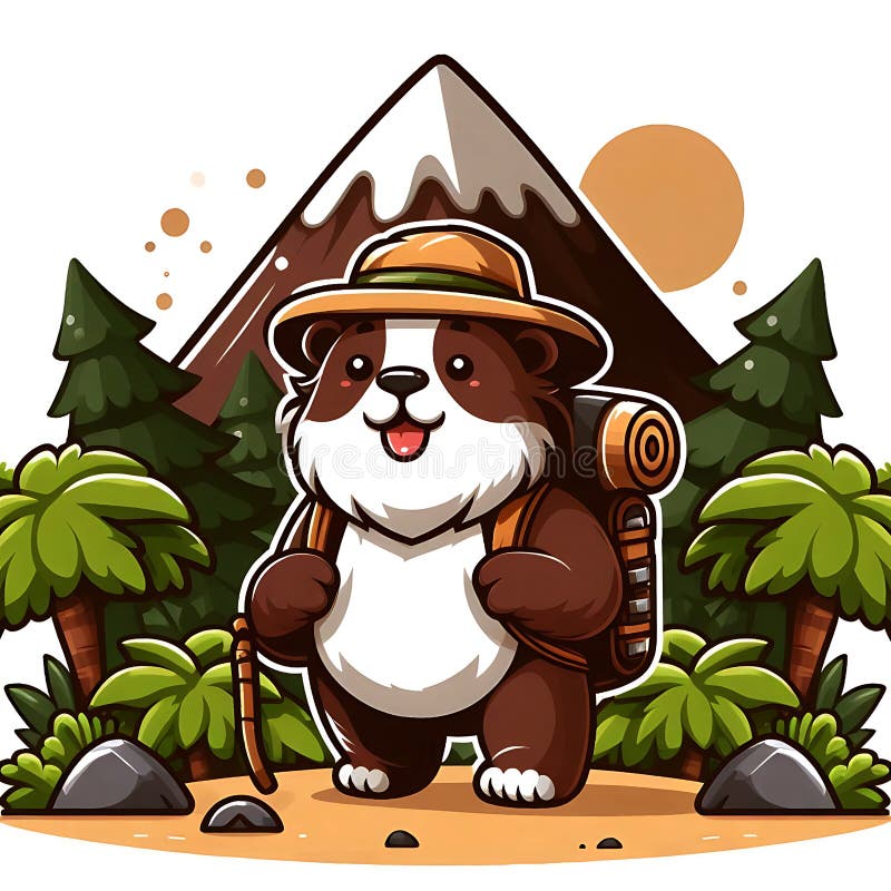 Illustration of an Adventurous Bear with Backpack in Mountain Forest ...