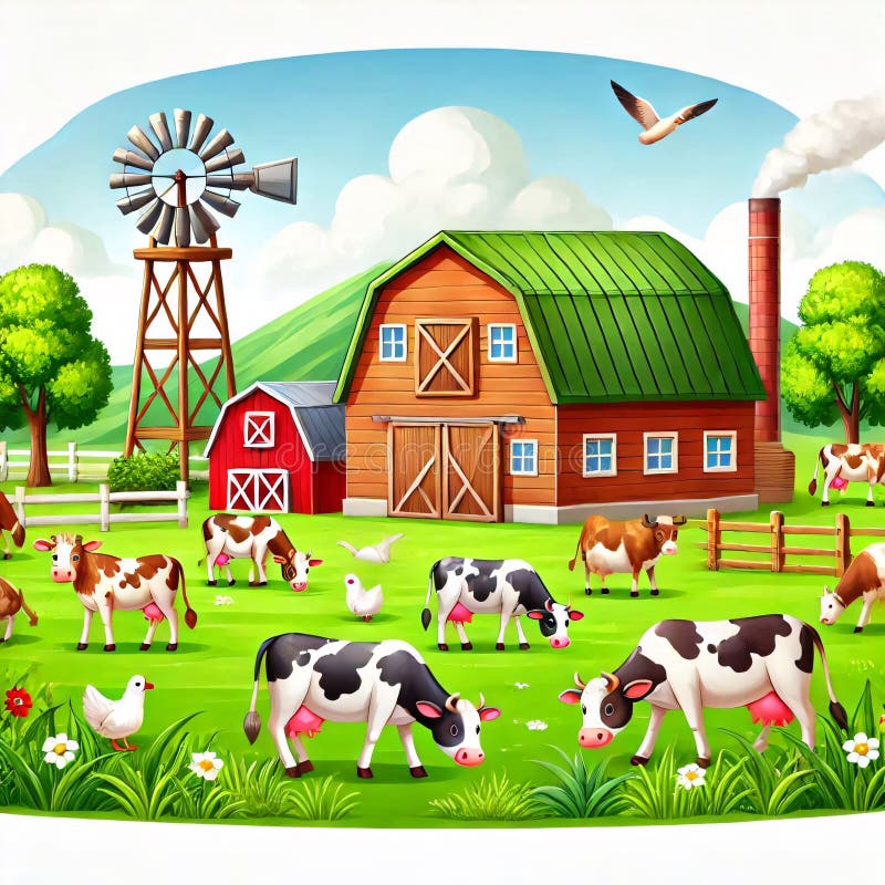 Charming Cartoon Farm Scene with Cows and Windmill Generative for AI ...