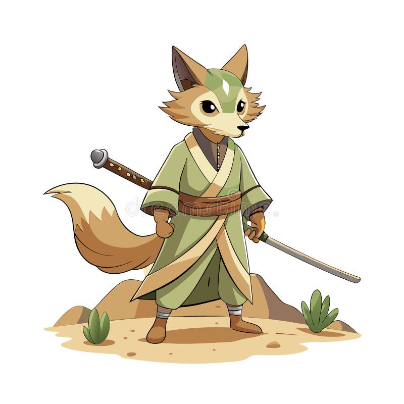 Cartoon Fox Samurai Warrior with Sword in Desert Environment ...