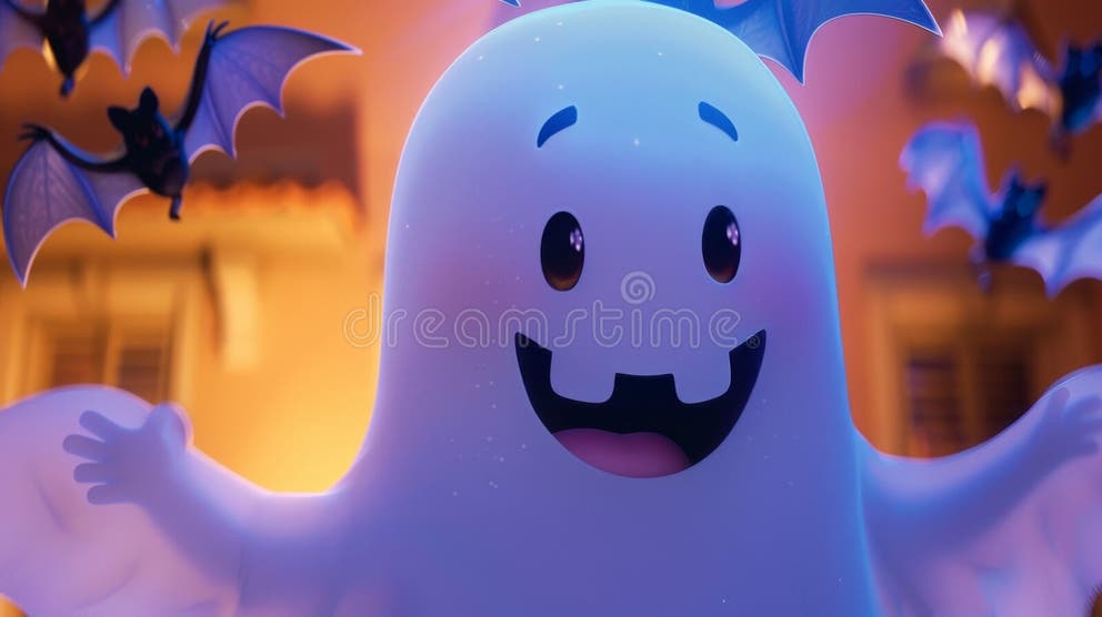 Charming Cartoon Ghost with Bats on Halloween Night Stock Image - Image ...