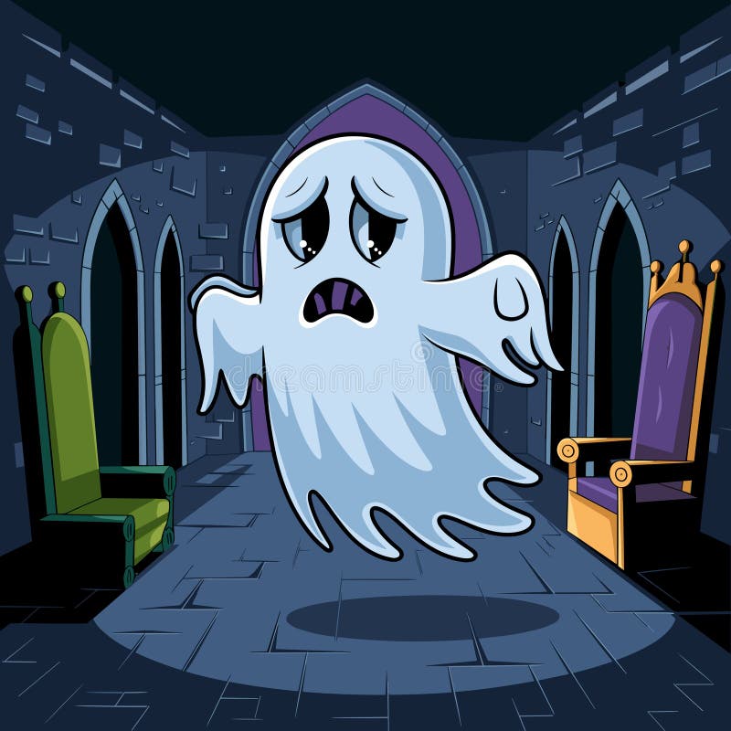 Charming Cartoon Ghost Floating in a Mysterious Castle Setting Stock ...