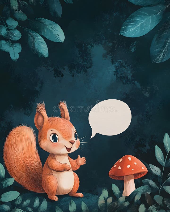 Cute Cartoon Squirrel Talking To a Mushroom in a Forest Illustration ...