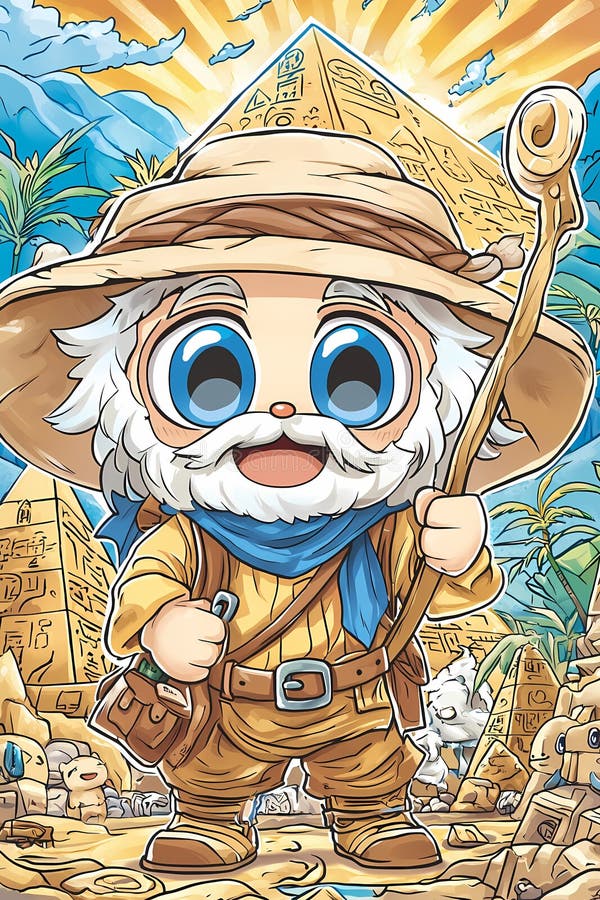 Adventurous Cartoon Explorer with Staff Pyramids and Desert Landscape ...